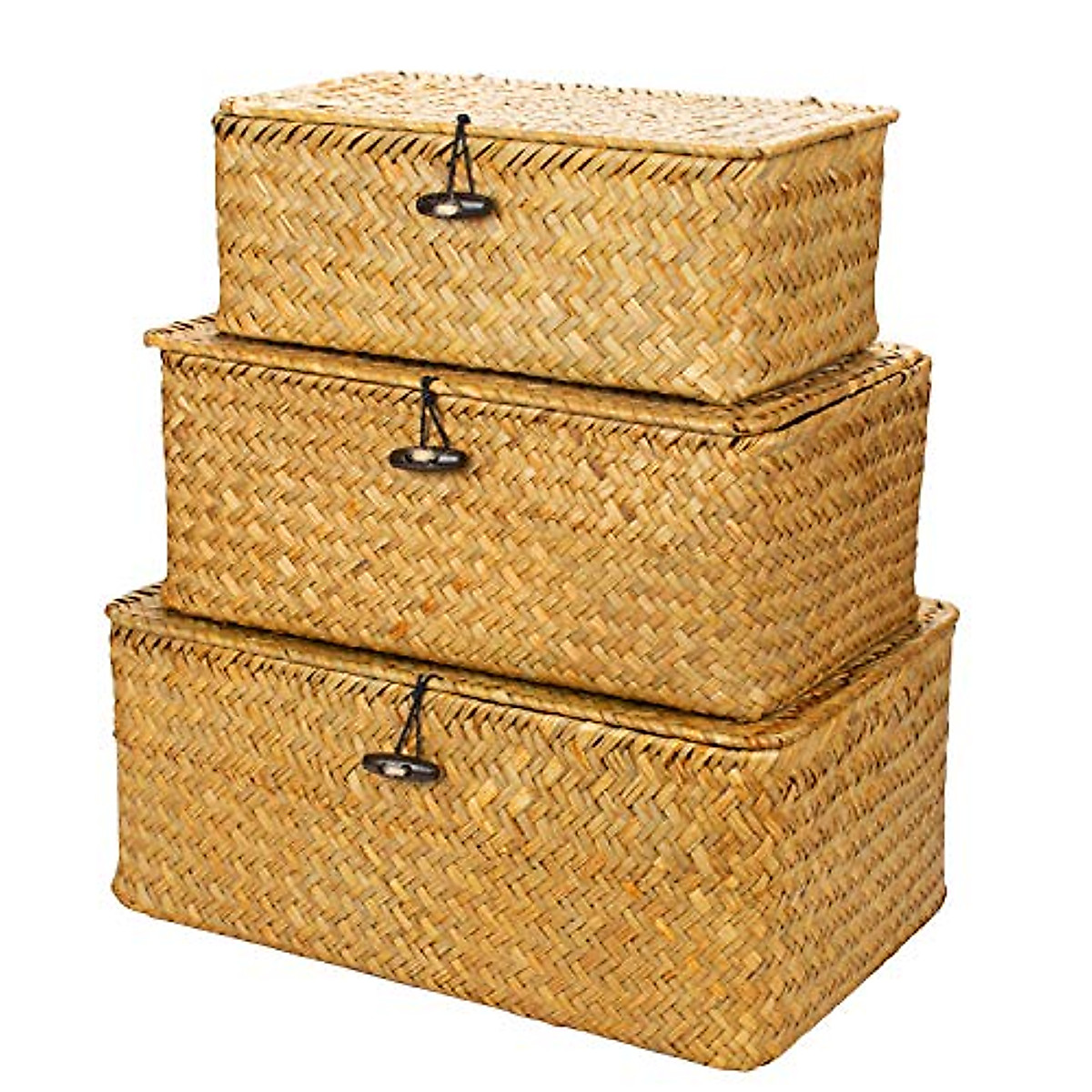 Yesland Shelf Baskets with Lid Set of 3, Handwoven Seagrass Storage Bins Box Rectangular Seagrass Basket Storage Organizer Wicker Basket for Shelf
