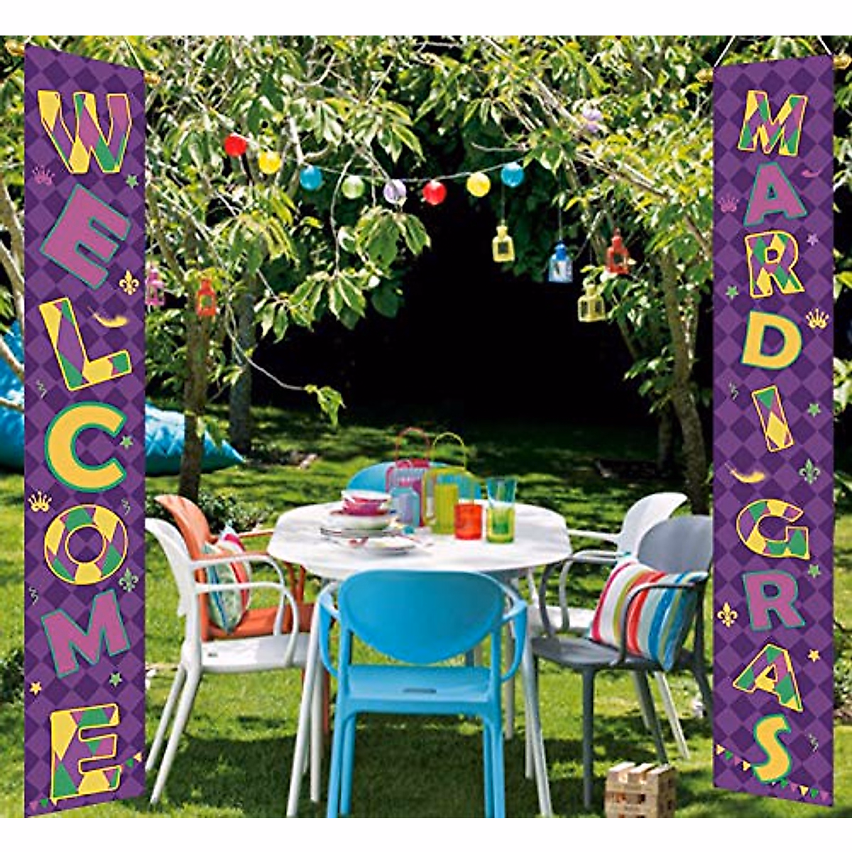 Mardi Gras Party Decorations Porch Sign Hanging Backdrop Banner - Carnival Birthday Party Supplies Photo Booth Prop Masquerade Wall Decoration Indoor/Outdoor