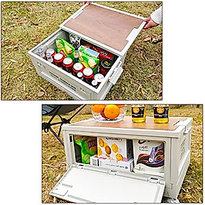 YOHOUYEAR Folding Storage Box with Wooden Lids and Doors,47.5 Qt./45L Stackable Collapsible Closet Organizer,Outdoor Multifunctional Plastic Bins,Camping,Car Trunk,Home Sorting