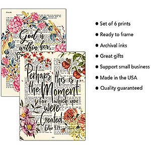 She Set of 6 - Proverbs 31:25, Esther 4:14, Psalm 46:5, Psalm 103.1, Luke 1:45, Psalm 112:7 Vintage Christian Bible Verse Page Art Prints, Unframed, Wall Art Decor Posters, 5x7 Inches