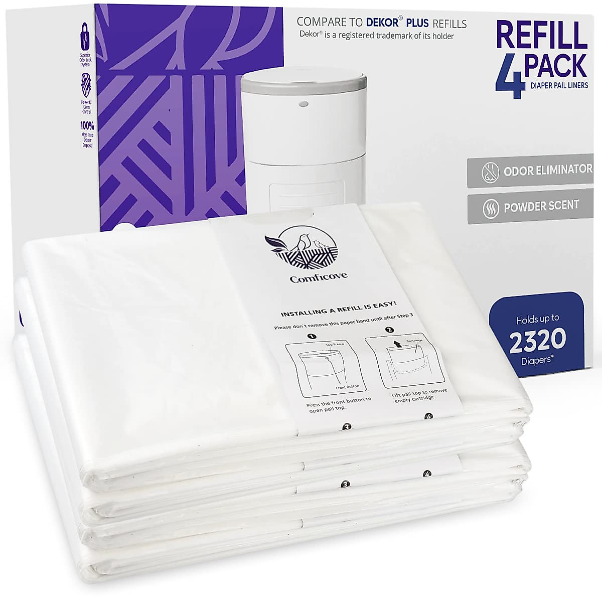 COMFICOVE Refills Compatible with DEKOR PLUS Diaper Pails | 4 Pack | Extra Thick Diaper Pail Refill Liners | Fresh Scent | Easy to Replace and Dispose of Diaper Bag | Odorless Baby Diapers Disposal