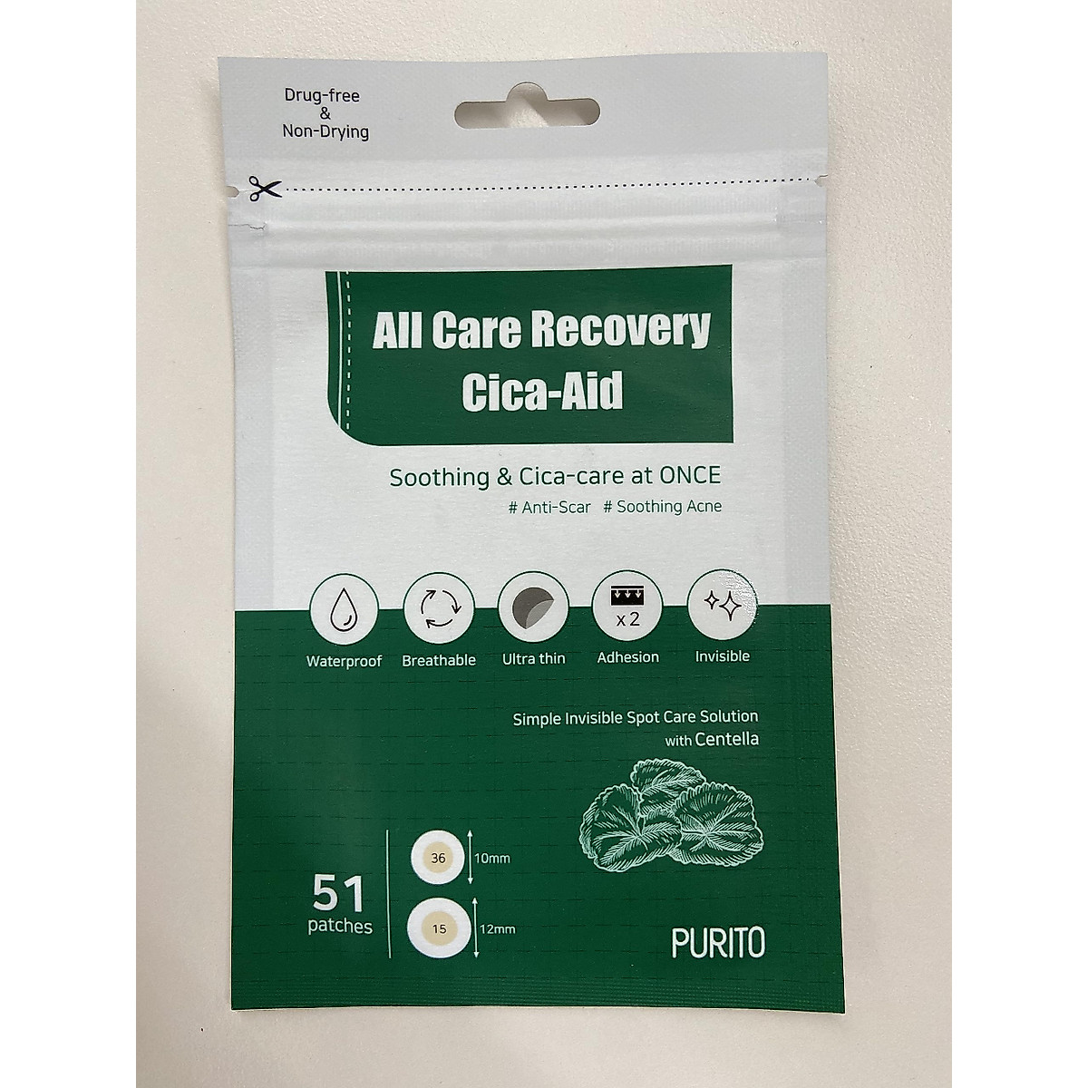 Pimple Patches, Pack of 2, All Care Recovery Cica-Aid 51 Patches, Blemish Spot, Pimple Spot Treatment, Hydrocolloid Dots, Absorbing Cover, Centella, Invisible