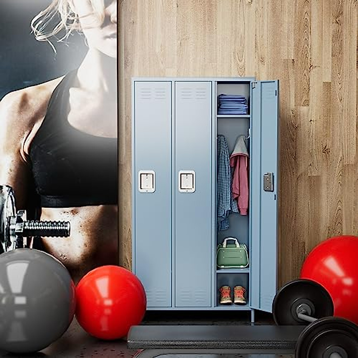SUXXAN 3 Doors Metal Locker Combination with 6 Hooks,Industries Storage Metal Locker for School Office Gym Home Employees Staff Sundries Room W35.43*D15.7*H72(Light Grey)