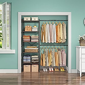 Timate P6 Clothes Rack Bedroom Armoires Heavy Duty Garment Rack Adjustable Walk in Closet Organizer System Kit Tower with Expandable Hanging Rod 5-Tier Closet Storage Shelves, Fits 6-9 ft Space, Black
