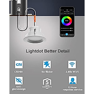 Lightdot Smart LED Recessed Lighting 4 inch, 9W 1000LM Dimmable Retrofit LED Can Lights Color Changing Ceiling Downlight WiFi App Control LED Recessed Lights Work (4 Pack)