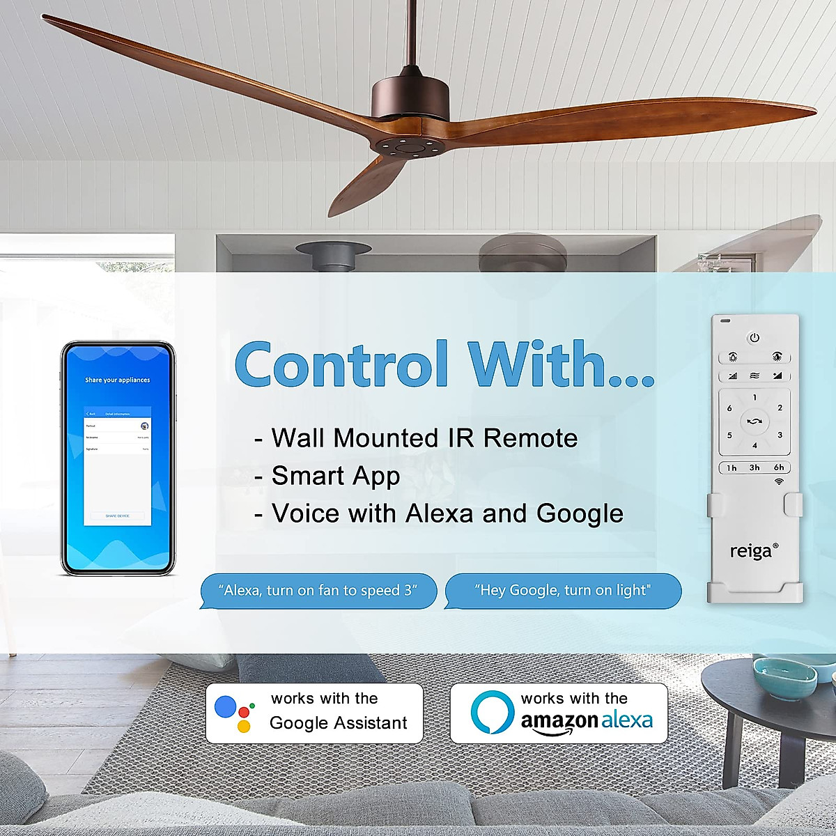 reiga 65" DC Motor Indoor Outdoor Modern Smart Large Ceiling Fan High CFM with 3 Wood Blades Wifi Alexa App Remote Control for Patio Garage Farmhouse Oil-Rubbed Bronze