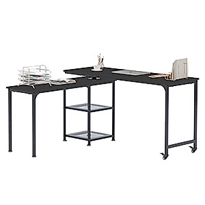 soges Reversible L Shaped Desk, 360° Free Rotating Corner Computer Desk, 55 inch L Desk with Storage Shelves for Home Office, Modern Study Writing Table Workstation, Black