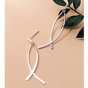 SLUYNZ 925 Sterling Silver Shiny Bar Dangle Earrings for Women Teens Flat Bar Earrings Curve Line Earrings (A-Silver)