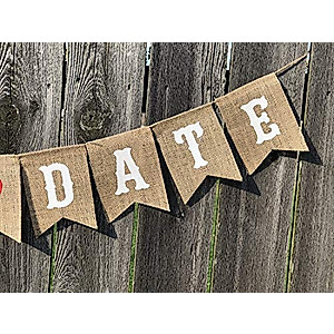 Save The Date Burlap Banner - Engagement Picture Prop Wedding Announcement - Ready to Hang Bridal Shower Decoration – White Letters & Red Hearts Garland by Jolly Jon