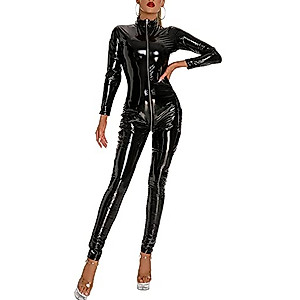 FEOYA Women’s Leather Body Suit Sexy Zipper Patent Lingerie Teddies Party Club Baby Dolls Bodysuit Wetlook Latex Liquid Jumpsuit Clubwear
