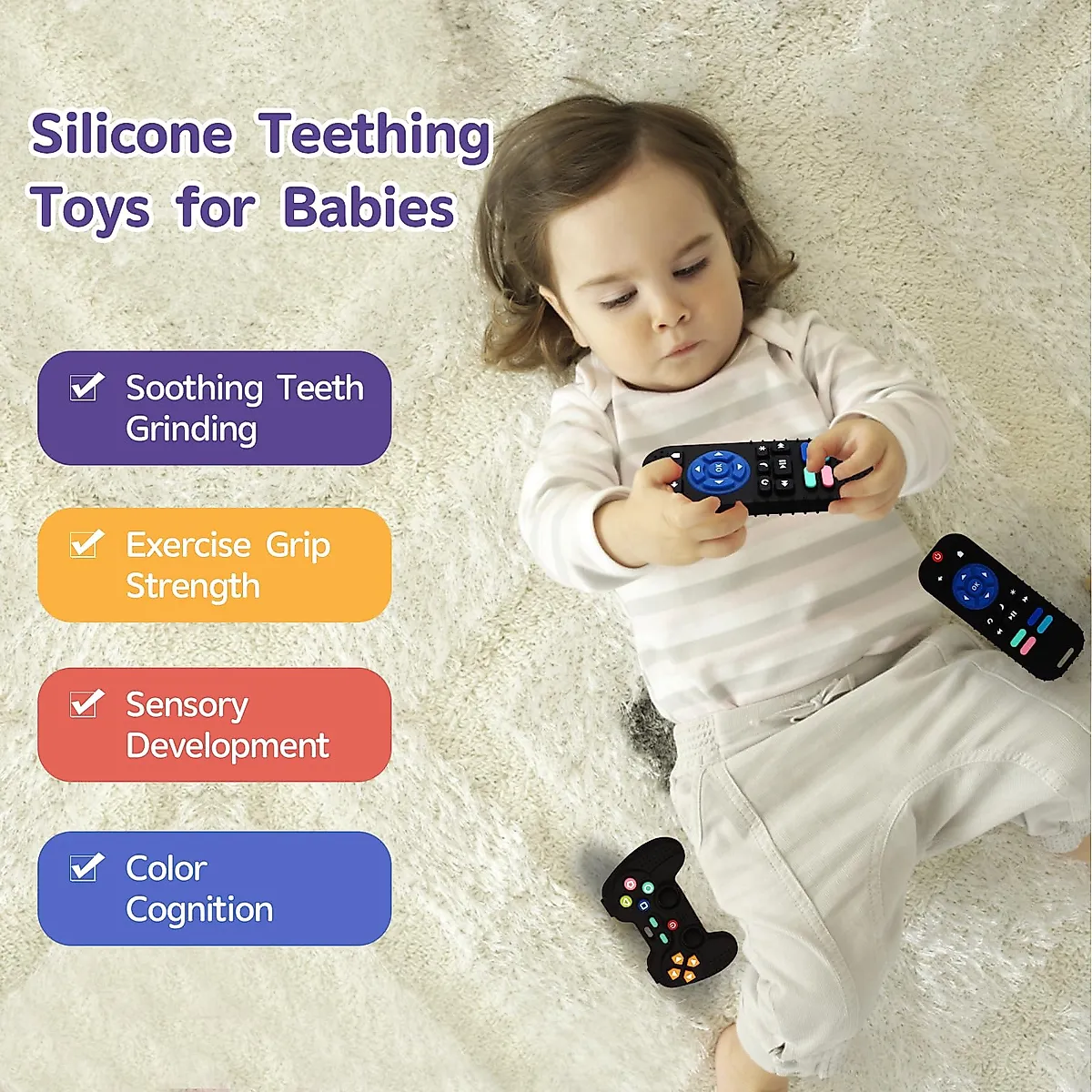 Hooku 2 Pack Silicone Teething Toys for Babies 0-6 Months, Teethers for Babies 6-12 Months, Remote Teether for Baby, Sensory Toys for Babies, Baby Chew Toys