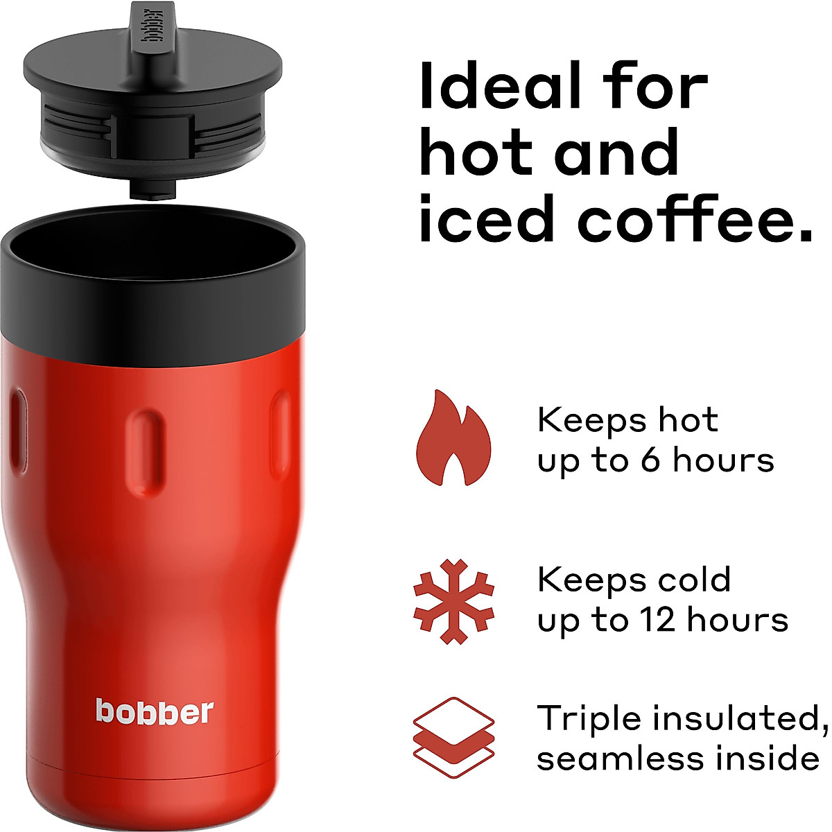 BOBBER 12 oz Leak-Proof Coffee Tumbler for Cold & Hot Drinks – 100% Spill-Proof, Vacuum Insulated, Dishwasher Safe Coffee Thermos – Stainless Steel, BPA-Free Tumbler with Screw On Lid (Red)