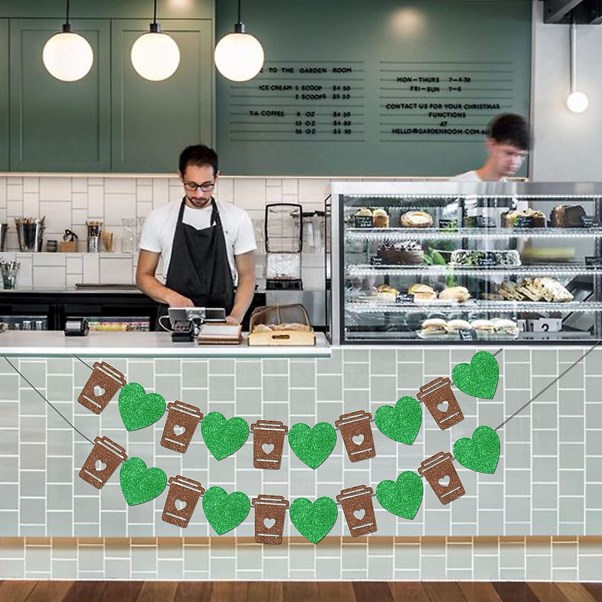 Coffee Bar Banner Green, Glitter Coffee Cup and Heart Garland, Latte Banner for Birthday Bachelorette Engagement Wedding Baby Shower Party, Coffee Bar Wall Table Decorations