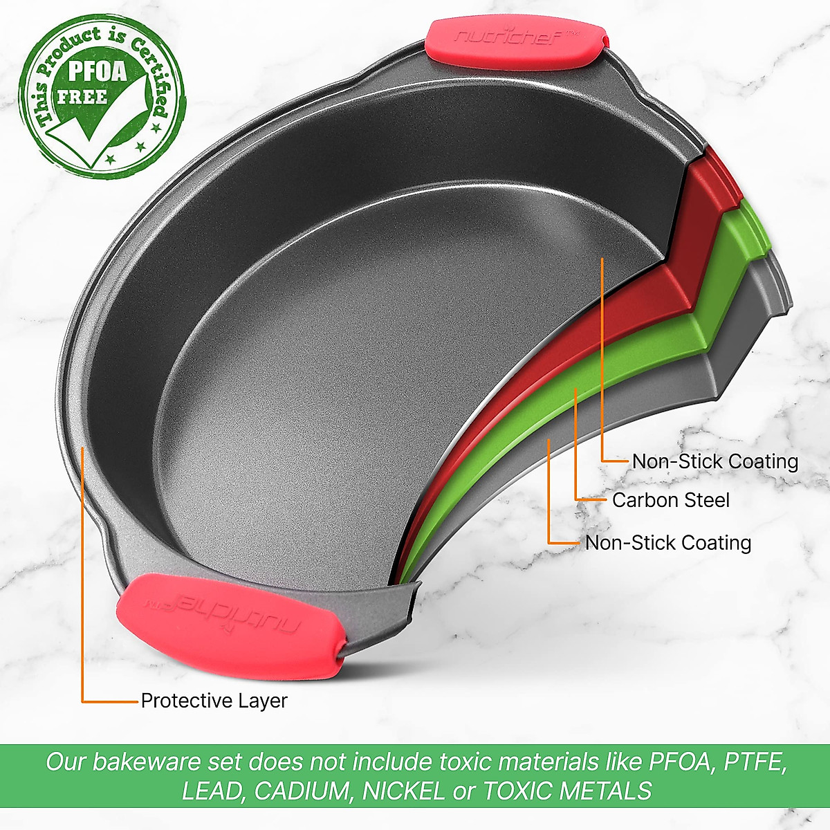 Non Stick Cake Round Pan, Deluxe Gray Carbon Steel Pan with Red Silicone Handles, Quality Metal Bakeware For Cooking & Baking Cake Loaf, Muffins & More, Compatible with Model NCSBS10S