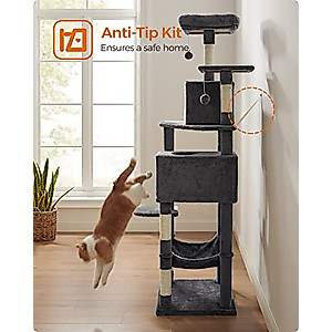 Feandrea Cat Tree, 75.2-Inch Cat Tower for Indoor Cats, Plush Multi-Level Cat Condo with 5 Scratching Posts, 2 Perches, 2 Caves, Hammock, 2 Pompoms, Smoky Gray UPCT191G01