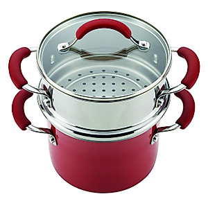 Rachael Ray Cucina Nonstick Sauce Pot/Saucepot with Steamer Insert and Lid, 3 Quart, Cranberry Red