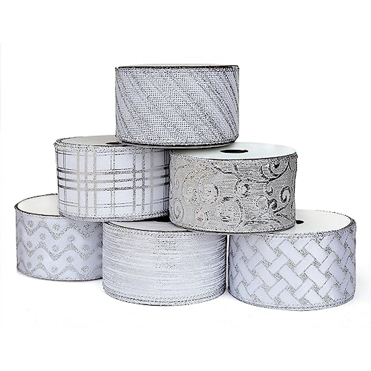 Christmas Ribbon Wired, 6 Rolls 2.5 Inch 36 Yard Silver Sheer Glitter Organza Wired Edge Ribbons for Christmas Tree, Gift Wrapping, Assortment Ribbon for Crafts, DIY, Christmas Tree Ribbon