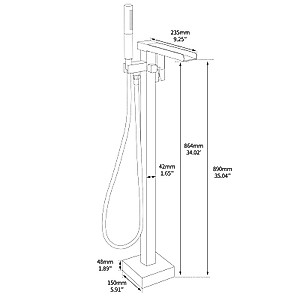 BESy Freestanding Bathtub Faucet Waterfall Tub Filler Brushed Gold Floor Mount Brass Single Handle Bathroom Tub Faucets with 2 Function Hand Shower Wand