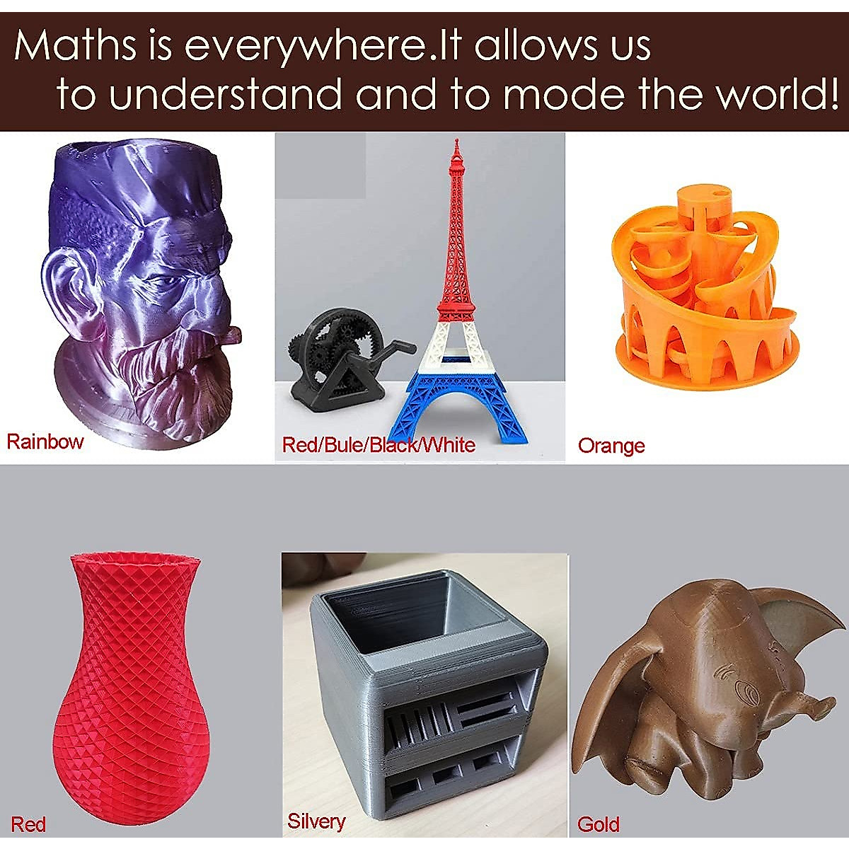 Maths Silk Rainbow Pla+ 3D Printer Filament 1.75mm (±0.02 mm), 1Kg/2.2lb, Vacuum Package for 3D Printer & 3D Pen- Rainbow