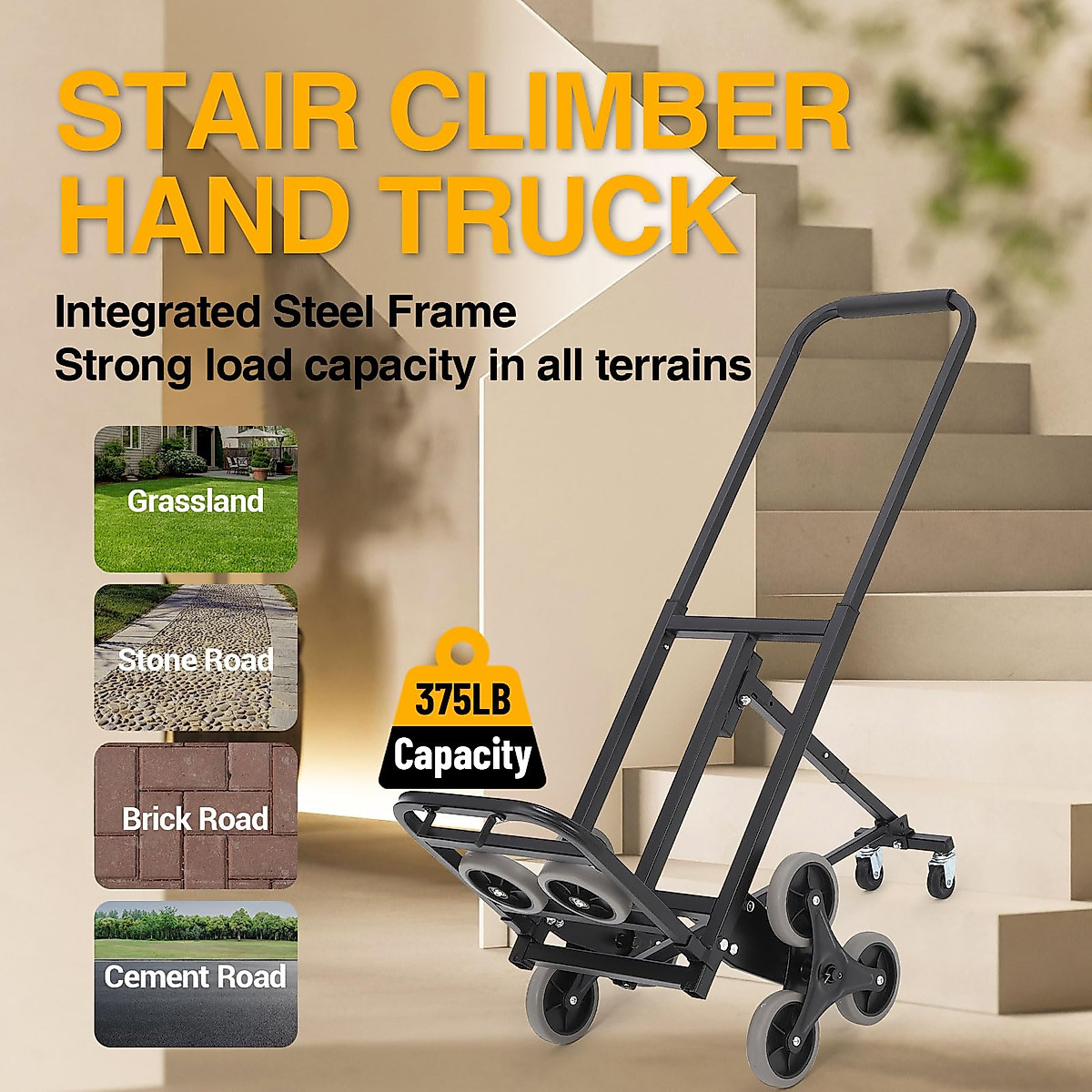 JustSmart Stair Climbing Hand Truck Cart, 375 LBS Capacity Steel Folding Dolly Cart for Stairs, Heavy Duty Stair Climber Trolley with Support Arm and 10 TPR Silent Wheels for Shopping Moving
