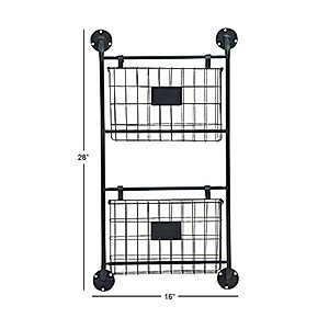 Deco 79 Metal Rectangle Magazine Rack Holder with Suspended Baskets and Label Slot, 16" x 3" x 28", Black