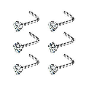 FANSING Nose Studs for Women Men L Shaped Nose Rings Surgical Steel Nostril Piercing Jewelry with Cubic Zirconia End Silver 3mm 20 Gauge