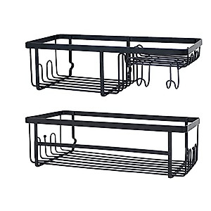 R FLORY Shower Caddy Shower Organizer Shelf with Hooks No Drilling Self Adhesive Hanging Rustproof Storage Holder Stall Basket for Bathroom Kitchen Shelf Rack Stainless Steel Black-2 Pack