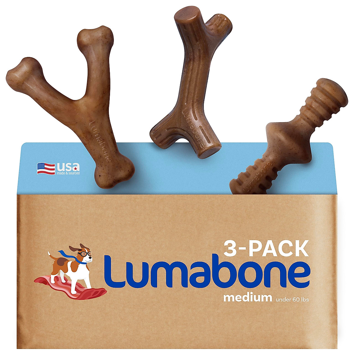 Lumabone Real Bacon Medium 3-Pack Durable Dog Chew Toys for Aggressive Chewers, Made in USA & Real Bacon 3-Pack Dog Toys for Aggressive Chewers,Wishbone, Dental Chew, Ring Bacon Medium