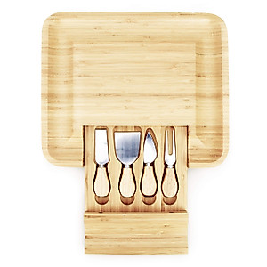 Slice of Goodness Bamboo Cheese Board Set - Large Wooden Charcuterie Boards Accessories Set with Narrow and Flat Knives, Cheese Fork, and Small Spade Inside Hidden Drawer