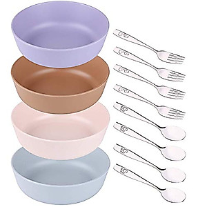 Bamboo Baby Bowl and Stainless Steel Silverware Set – (12-Piece) 4 Bamboo Bowls Kids, 4 Forks and 4 Spoons – Eco-Friendly BPA Free – Self Feeding Dishwasher Safe Baby Bamboo Bowl