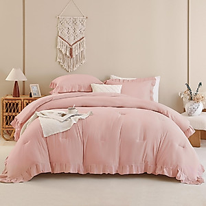 Andency Blush Pink Ruffle Comforter Queen, 3 Pieces Rustic Farmhouse Shabby Chic Comforter, All Season Soft Microfiber Down Alternative Bedding Comforter Set