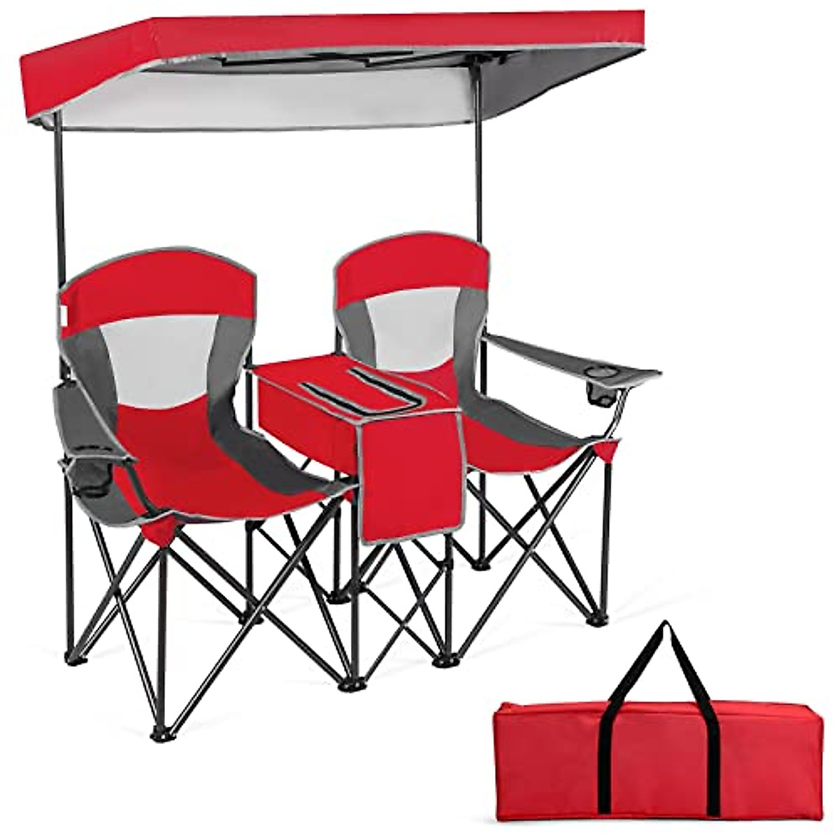 Tangkula Loveseat Camping Chair with Adjustable Shade Canopy, Portable Beach Chair with Cooler Bag, 2 Cup Holders, Carrying Bag, Foldable Double Lawn Chair for Travel, Fishing, Picnic (Red)