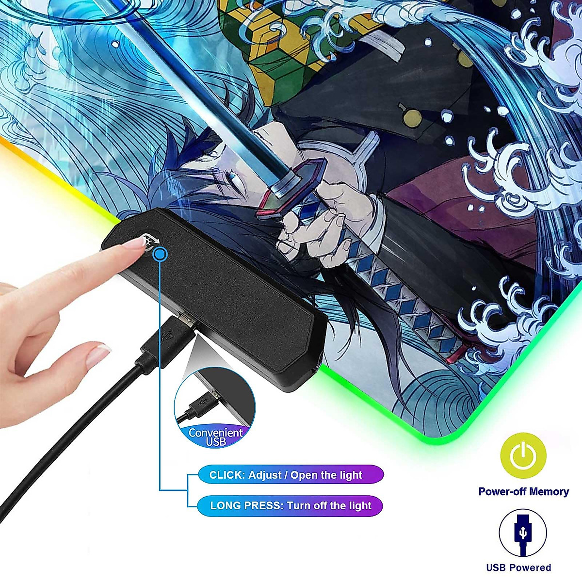 RGB Large Gaming Mouse Pad Anime Giyu Sword,Laptop Desk Pad,Mousepad with Stitched Edge Frame & Non-Slip Rubber Base,Computer Keyboard and Mice Pads Mouse Mat 31.5X15.7