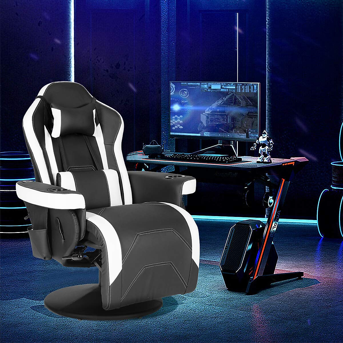 Massage Video Gaming Recliner Chair Ergonomic High Back Swivel Reclining Chair with Speakers, Cupholder, Headrest, Lumbar Support, Adjustable Backrest and Footrest, Black White