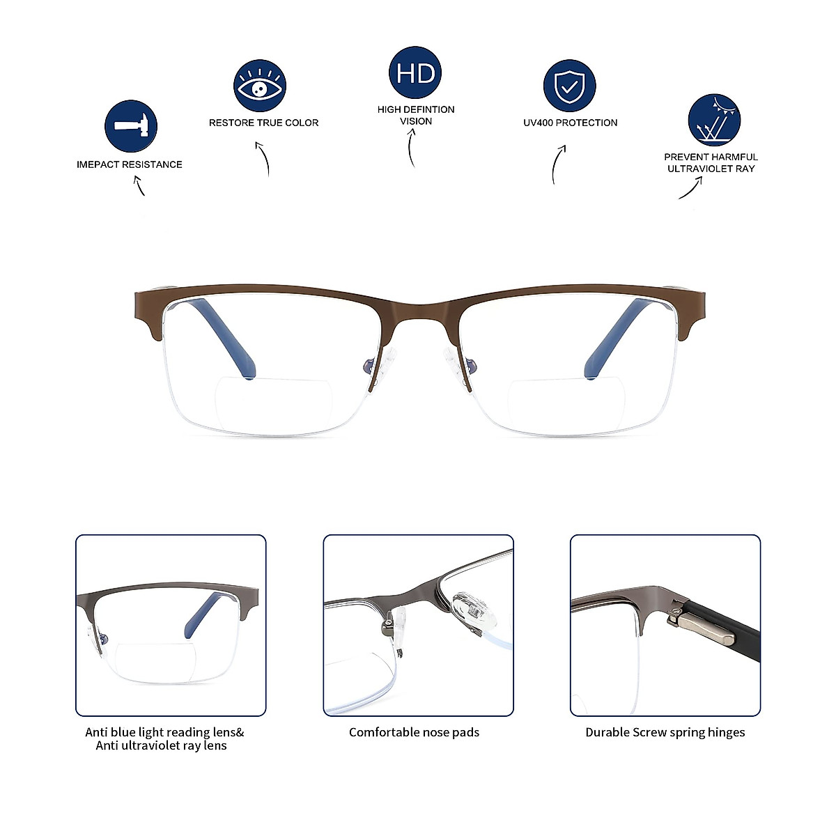 Kafirlo Bifocal Reading Glasses Men Progressive Blue Light Blocking Computer Reader No Line Half Frame Metal Wide Eyeglasses Designer Cheaters Transition Square Stylish Fashion Eyewear +2.00