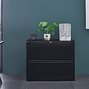 Bonnlo 35.5" Wide 2 Drawer File Cabinet with Lock, Black File Cabinets for Home Office, Metal Lateral File Cabinet & Printer Stand with Minimalist Design for Letter/Legal Size File Folders with Tabs