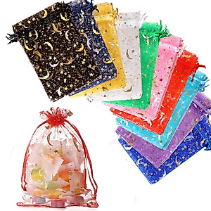 Hopttreely 100PCS Moon Star Organza Bags, 3X4 Organza Jewelry Candy Bags, Mixed Color Organza Favor Bags Gift Pouch with Drawstring for Wedding Party