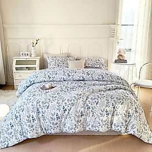 EAVD Queen Comforter Set White and Blue Floral Bedding Set for Girls Soft Microfiber Comforter Set Vintage Garden Floral Comforter Set with 2 Pillowcases Botanical Comforter Set for All-Season