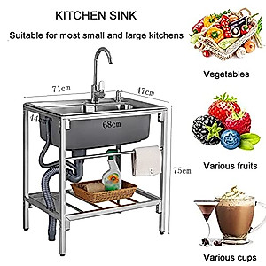 Stainless Steel Sink, 68 * 44cm Catering Sink, All-in-One Standing Utility Wash Basin single Bowl 304 Stainless Steel Catering Free Standing 1 Compartment for Restaurant Kitchen Laundry Garage