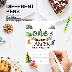 Soiceu Cute Camping One Happy Camper 1st Birthday Party Invitations with Envelopes Set of 20 Woodland Camp 1 Year Old First Birthday Party Invites