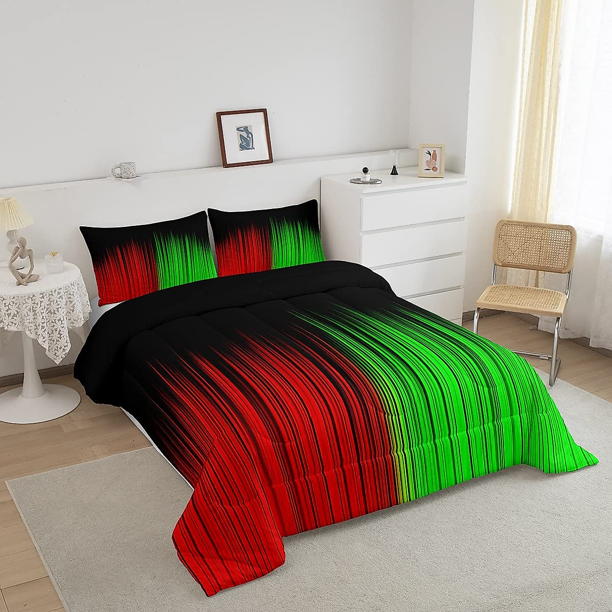 Abstract Ombre Comforter Set Kids Teens Red Green and Black Girls Bedding Set Room Decor Fashion Women Quilt Set with 1 Pillowcase 2Pcs Bedding Twin