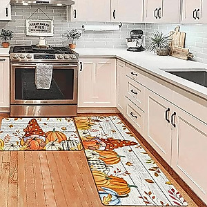 Bsmathom Fall Anti Fatigue Kitchen Rug Sets 2 Piece, Non Slip Waterproof Thick Cushioned Kitchen Rugs and Mats Set of 2, Pumpkin Thanksgiving Kitchen Runner Carpet Comfort Standing Mat