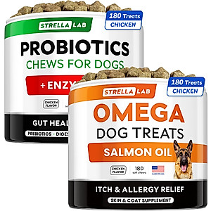 Omega 3 + Probiotics Dogs Bundle - Allergy & Itch + Improve Digestion & Immunity - Omega 3 & Pumpkin + Digestive Enzymes - Prebiotics - Itchy Skin + Itching & Licking Treats - 300 Chews - Made in USA