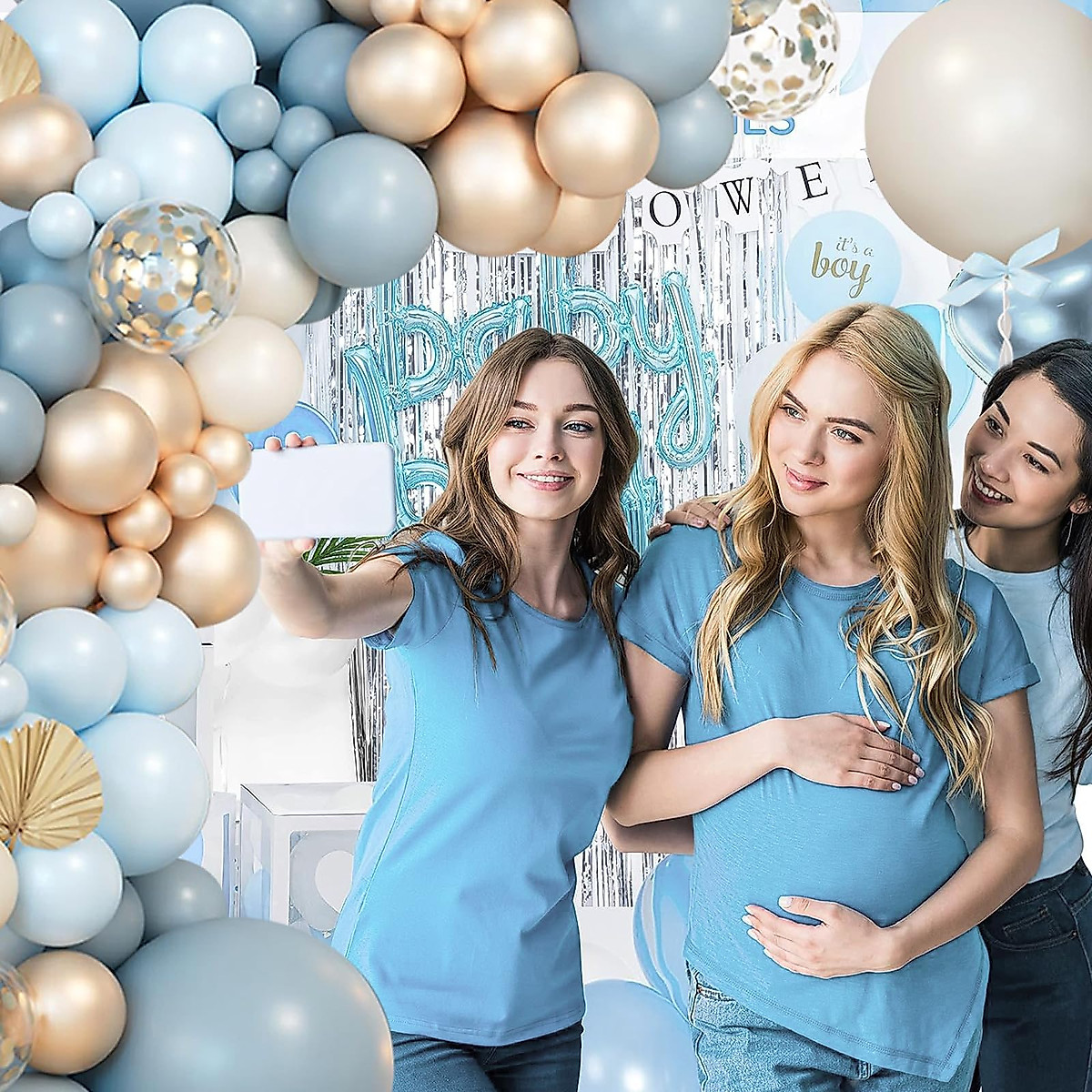 Dusty Baby Blue Balloons Arch Garland Kit with Champagne Balloons for Dusty Blue Baby Shower Decorations Birthday Boho Bridal Shower Party Decor