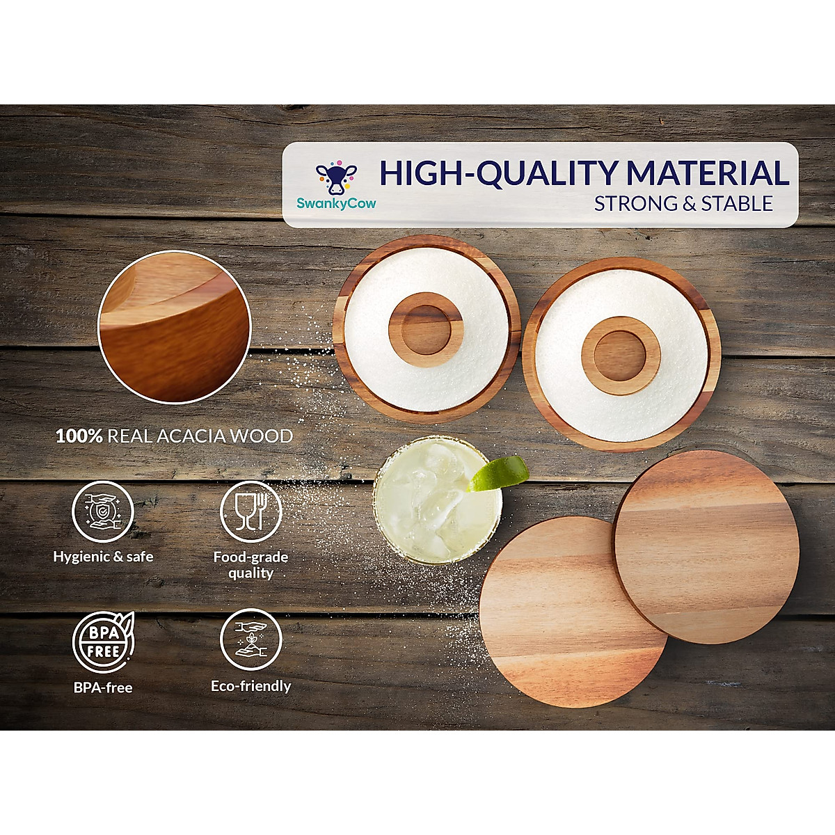 SwankyCow 2x Acacia Wood Cocktail Rimmer - Margarita Salt Rimmer, 6.30" Diameter - Home Bar Accessories for Salt & Sugar