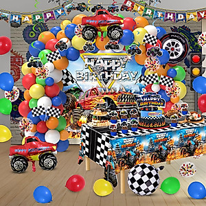Monster Truck Birthday Decorations, Machines Jam Party Decoration Supplies include Truck Balloons Arch, Tablecloth, Backdrop, Cake Cupcake Toppers, Hanging Swirls, Flags, Truck Birthday Decor for Boys