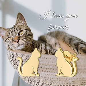 Solid 14k Gold Cat Earrings, Real 14 Carat Gold Stud Earrings for Women Teens, Animal Jewelry Gifts for Her