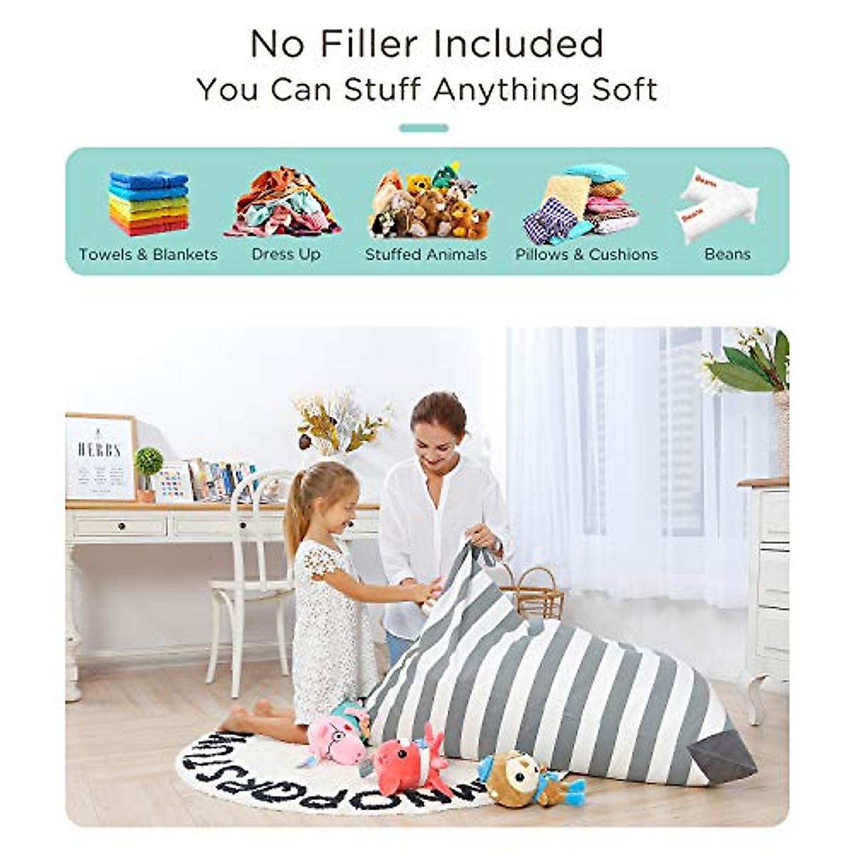 Aubliss Stuffed Animal Storage Bean Bag Chairs Cover, 50"x 35" Extra Large Bean Bags Chair for Kids Adults, Beanbag Toy Storage for Boys Girls - Premium Cotton Canvas Grey Stripe