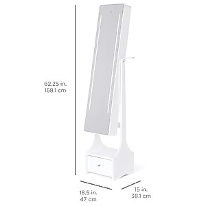 Best Choice Products Standing Full Length LED Mirror Jewelry Makeup Storage Organizer Cabinet Armoire w/Lights, Touchscreen, Pop-Up Shelf, Velvet Lining, 4 Compartments, Drawer - White