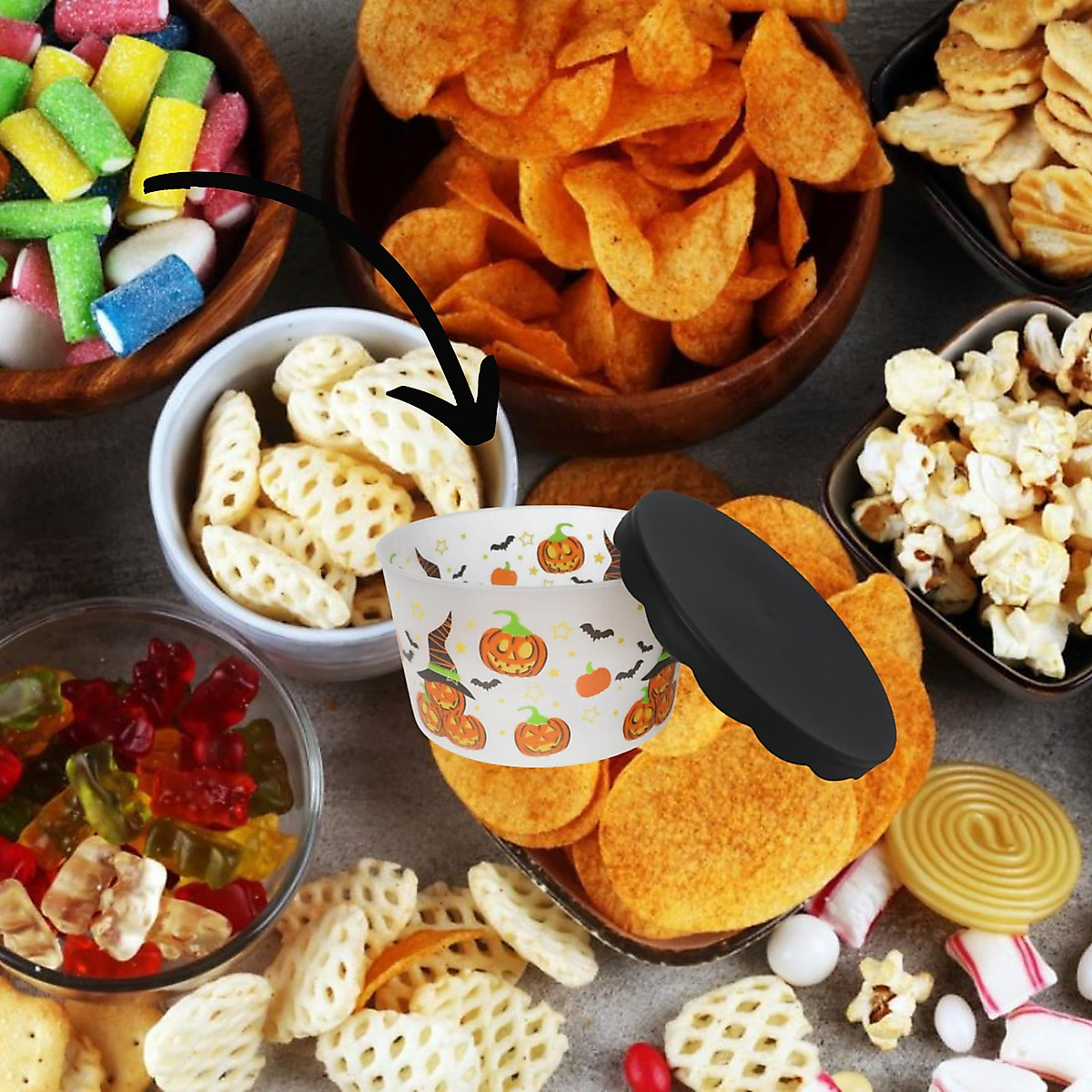 RE8TIESS Halloween-Themed Containers with Lids, 8x4.625 Inches Storage Containers for Trick or Treat Candies Cookies Food Crafts Nic-Knacks Baked Goodies Condiments Pack of 4 with Bonus Ruthjla